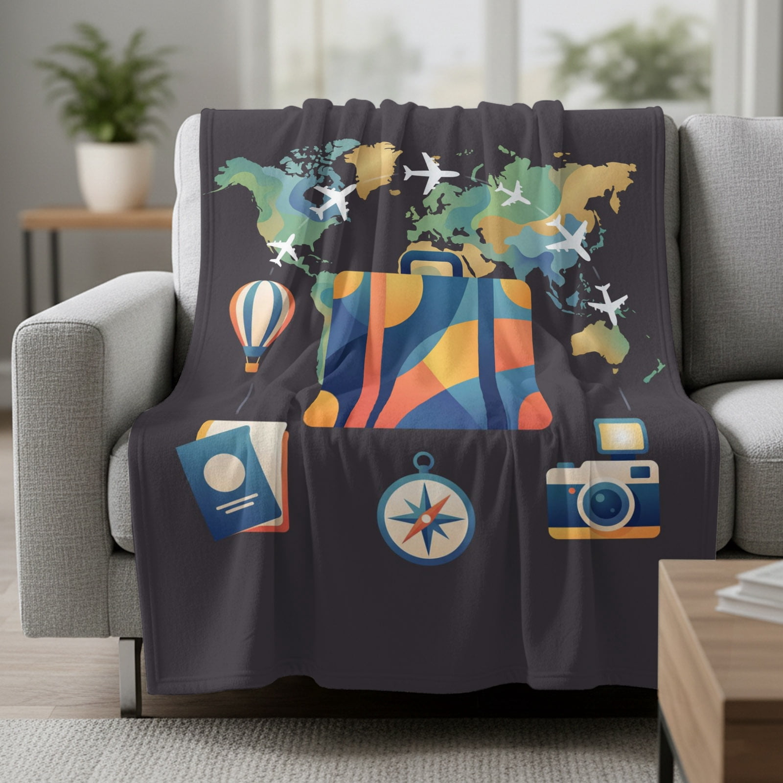 Abstract Aircraft Fleece Throw Blanket Map Luggage Camera Passport Hot ...