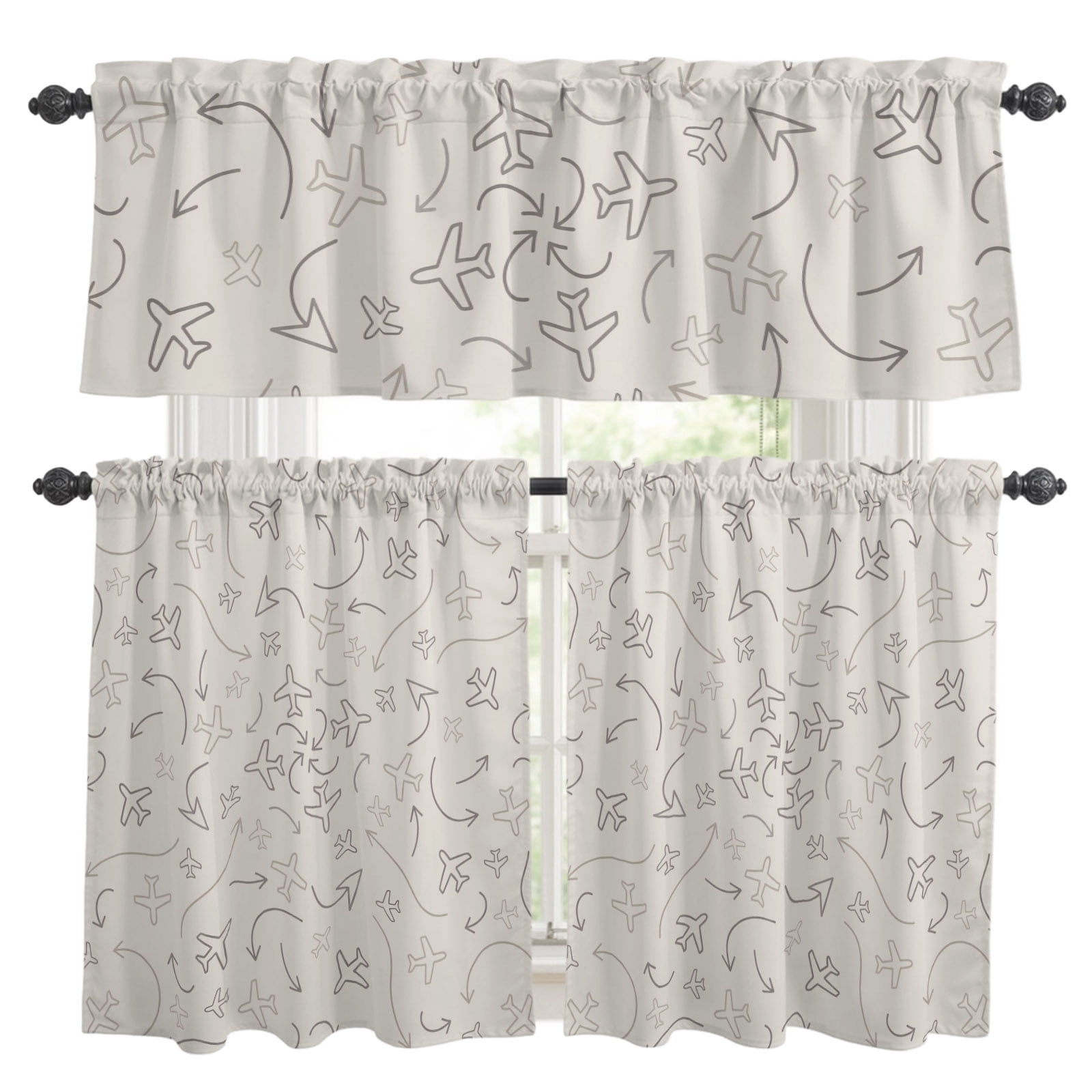 Abstract Aircraft Kitchen Curtains Set for Windows, Airplane Line ...