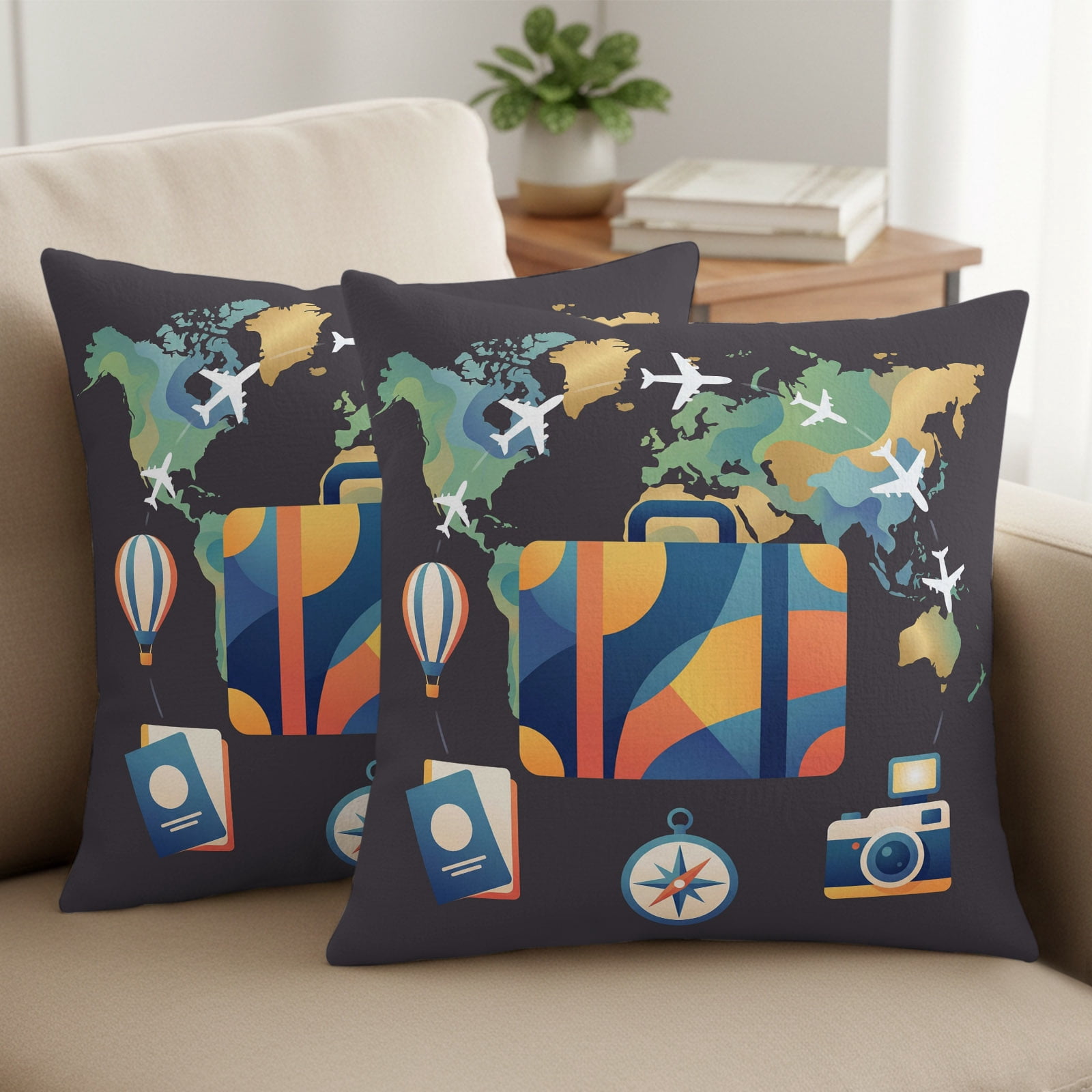 Abstract Aircraft Pillow Covers Set of 2, Map Luggage Camera Passport ...