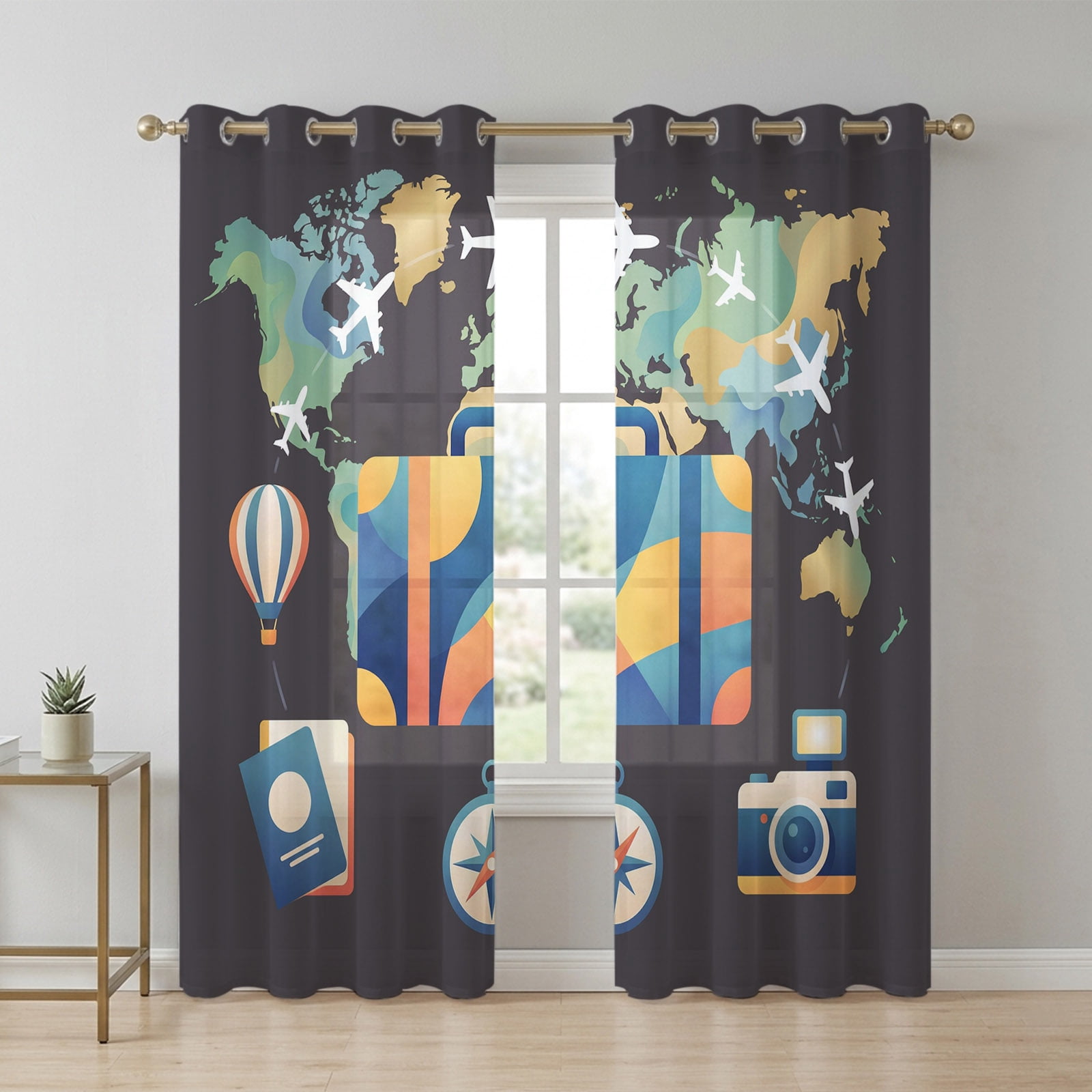 Abstract Aircraft Sheer Curtains 63 Inch Long 2 Panels, Map Luggage ...
