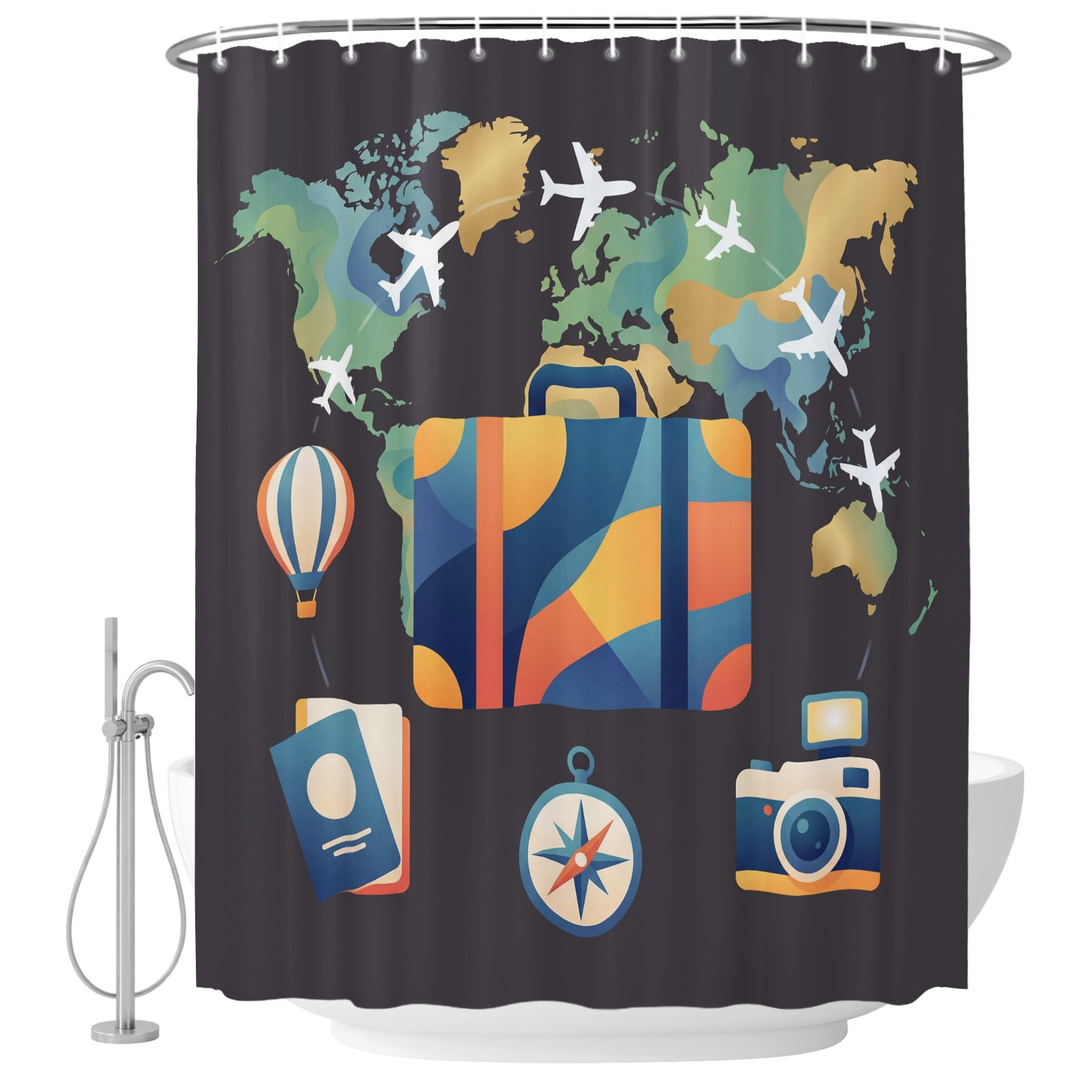 Abstract Aircraft Shower Curtain for Bathroom, Map Luggage Camera ...