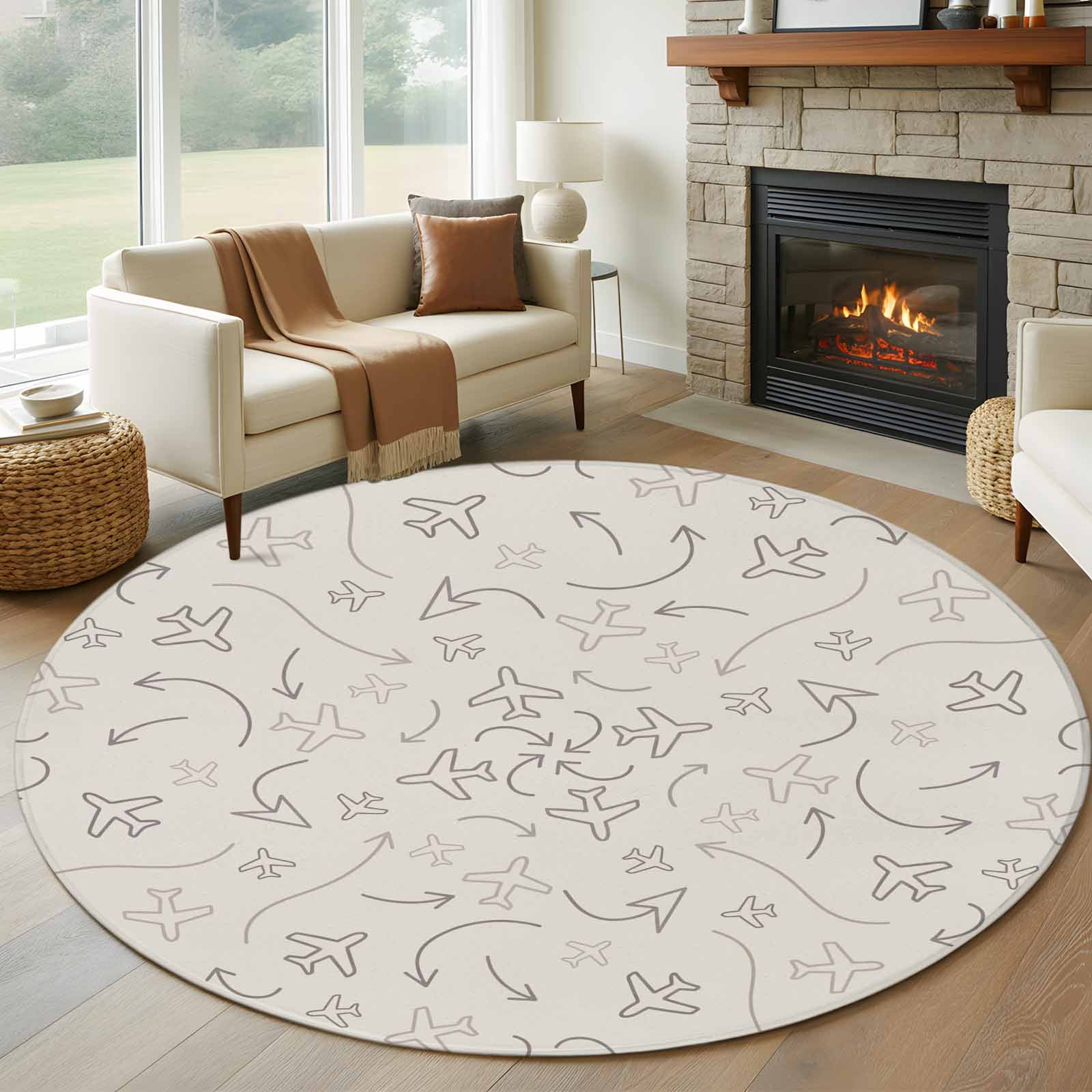 Abstract Airline Route Round Area Rug 8Ft Washable Large Circle Rugs ...