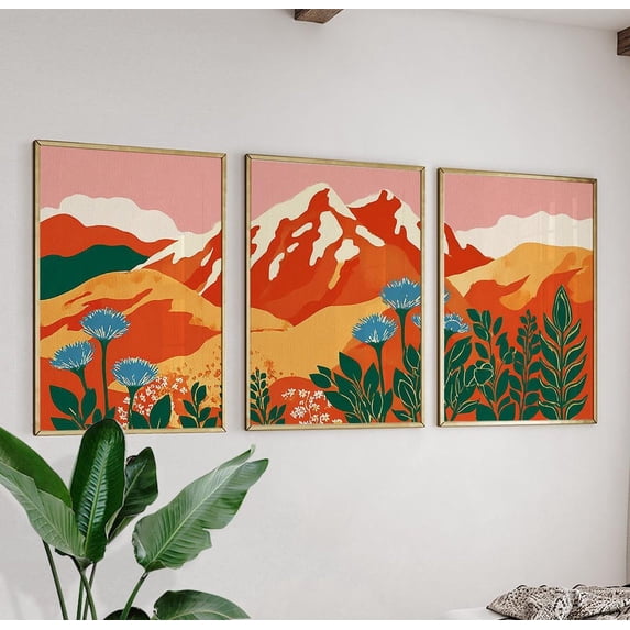 Abstract Alpine Wildflower Orange Mountain Landscape Triptych Botanical ...