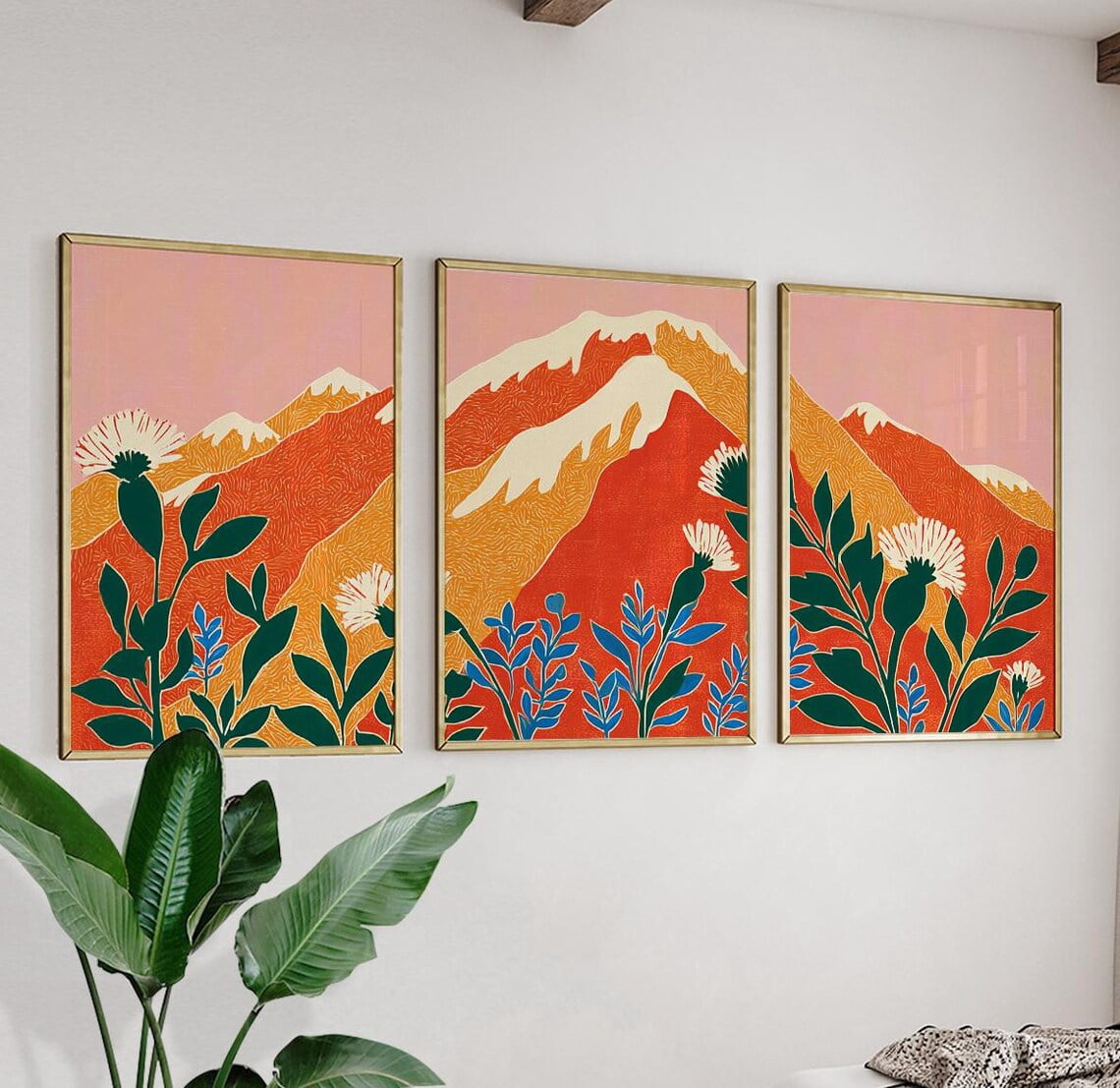 Abstract Alpine Wildflower Orange Pink Mountain Landscape Triptych ...
