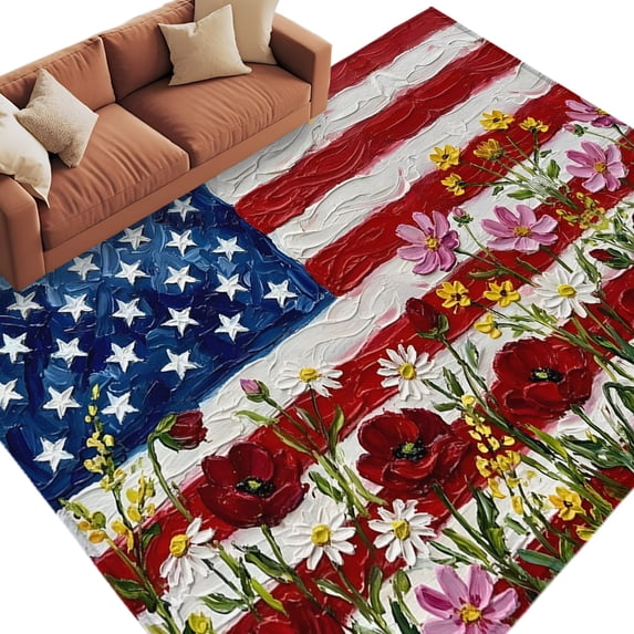 Abstract American Flag Washable Living Room Rugs 5'x7', Poppy Sunflower ...