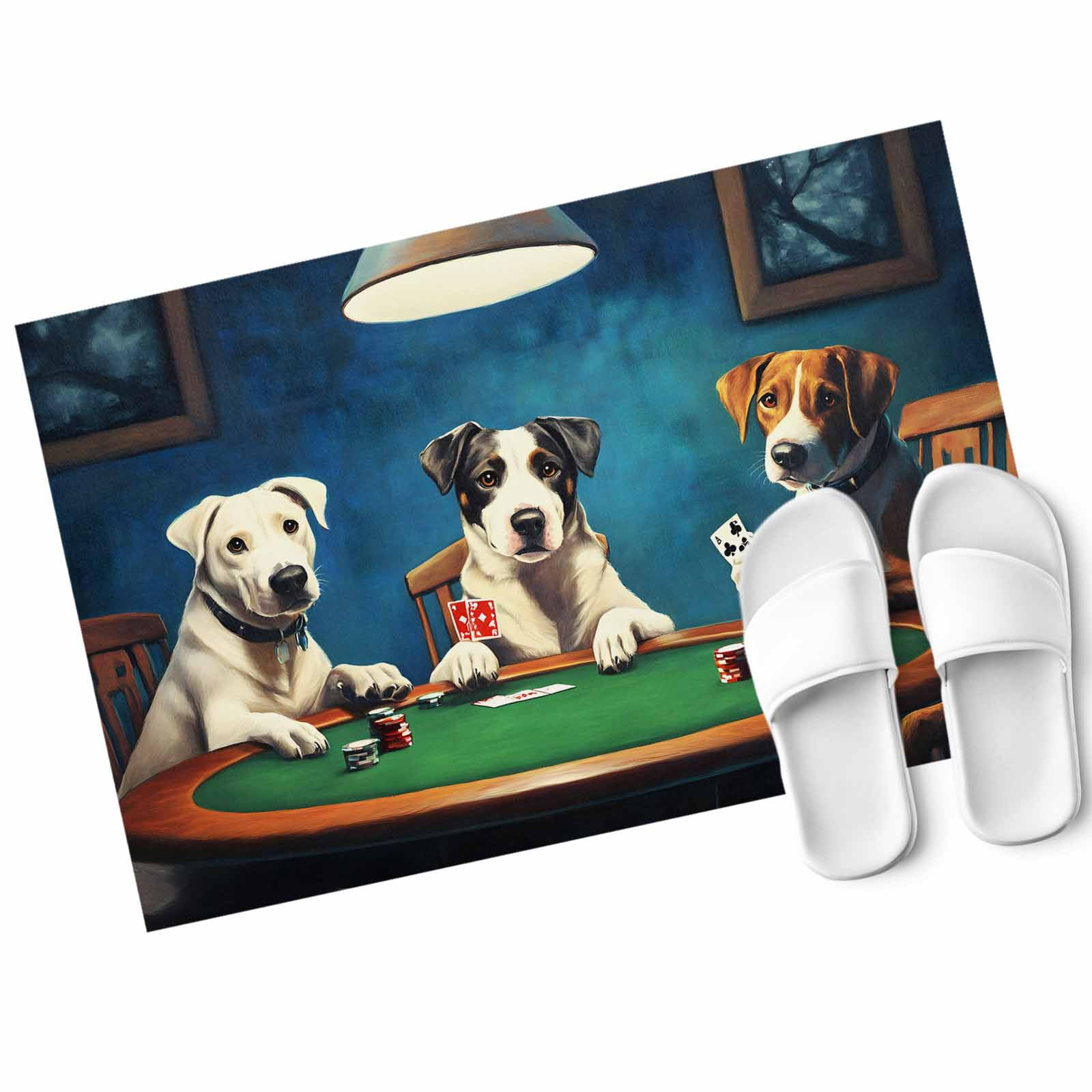 Abstract Animal Door Mat Dog Playing Poker Game Chips Blue Room Funny ...