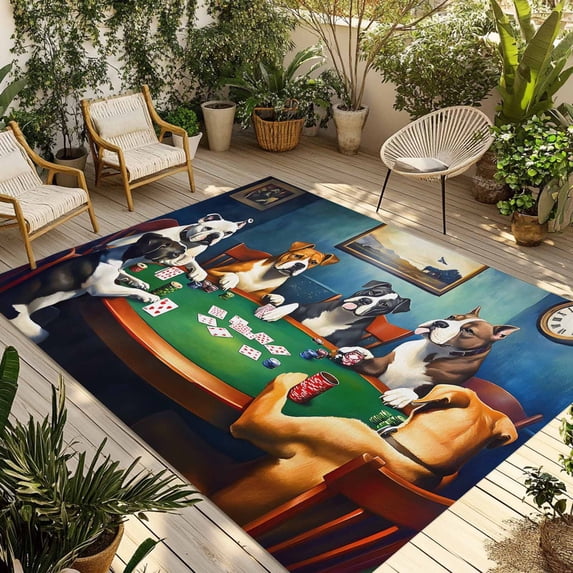 Abstract Animal Outdoor Rug, Dog In The Room Poker Games Non-Slip Area ...