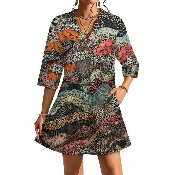 Abstract Animal Print Fabric Womens Dress With Pockets Summer V Neck 3/ ...