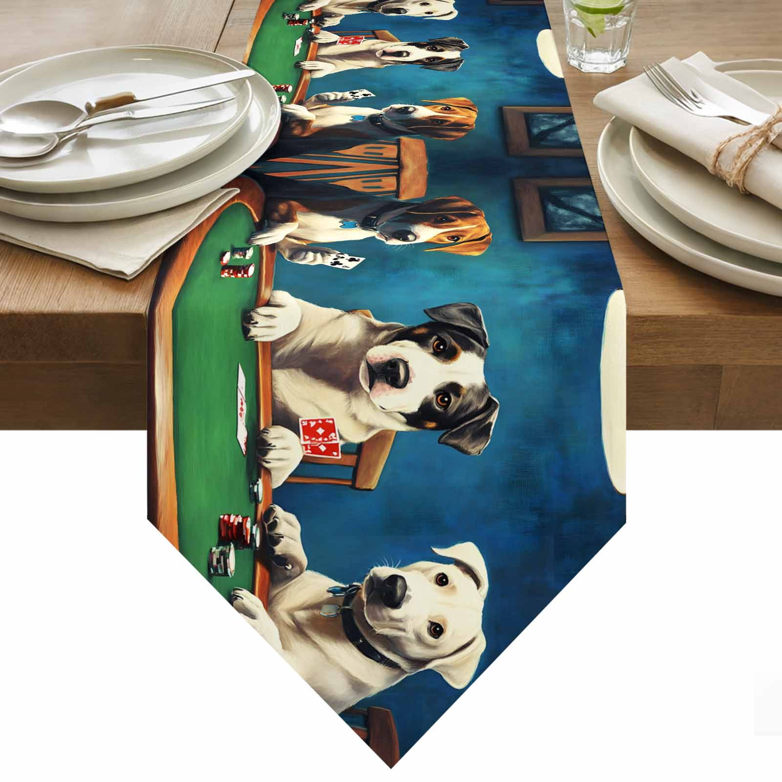 Abstract Animal Table Runner 108 Inches Long Dog Playing Poker Game ...