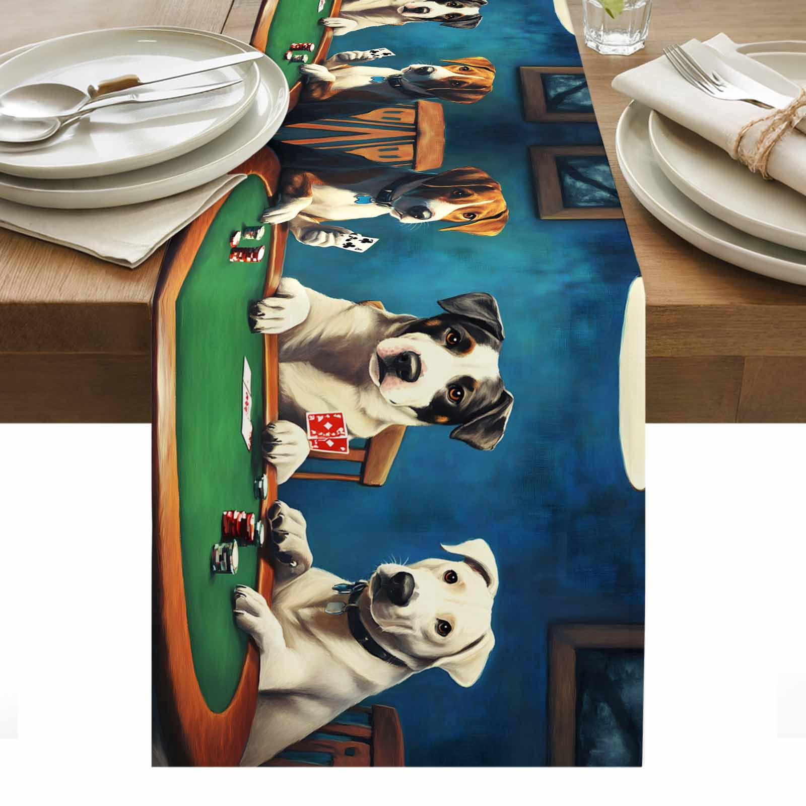 Abstract Animal Table Runner 13 x 90 Inch, Dog Playing Poker Game Chips ...