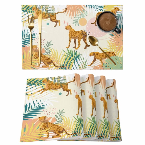 Abstract Animals Cotton Linen Placemats Set of 8, Colorful Leopard ...