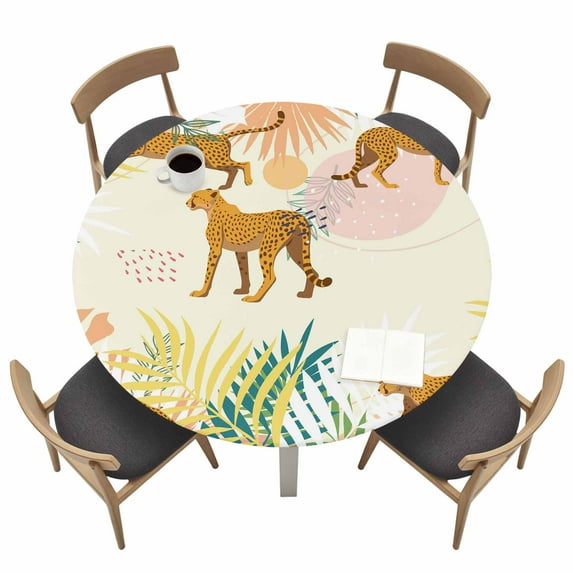 Abstract Animals Round Fitted Tablecloth with Elastic Edge Colorful ...