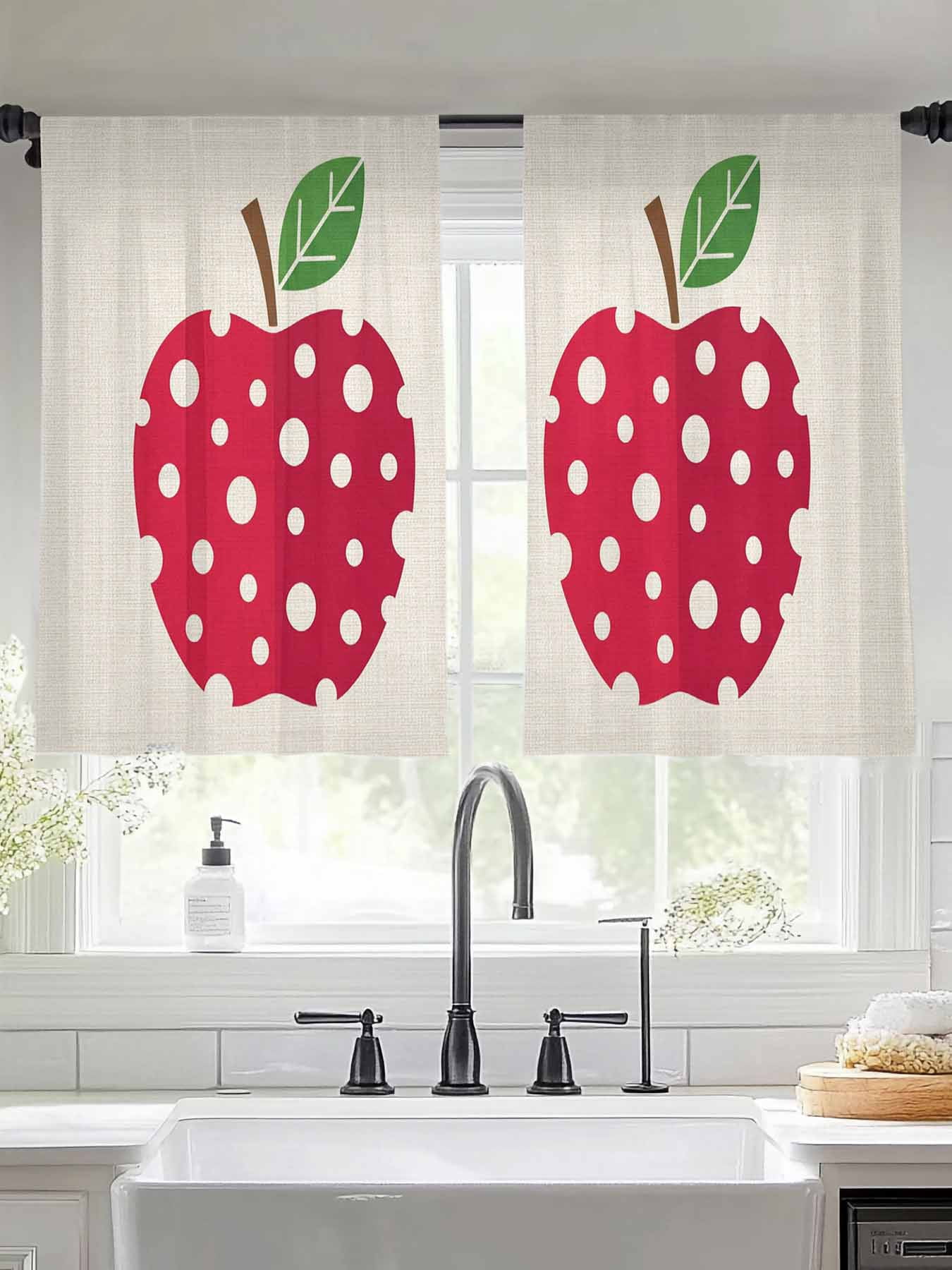 Abstract Apples Polka Dot Green Leaves Chiffon Sheer Curtains 45 Inches ...