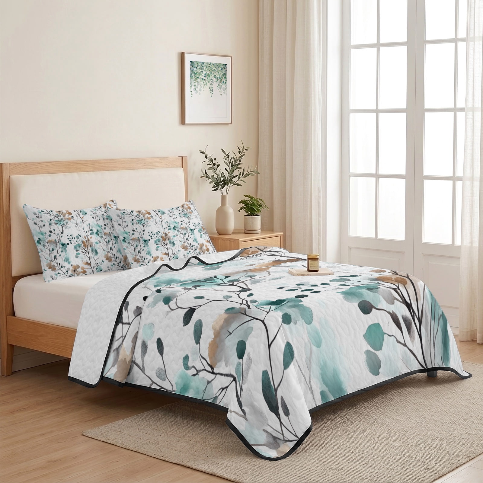 Abstract Aqua Brown Leaves 3 Pieces Quilt Set,1 Quilt with 2 Shams ...