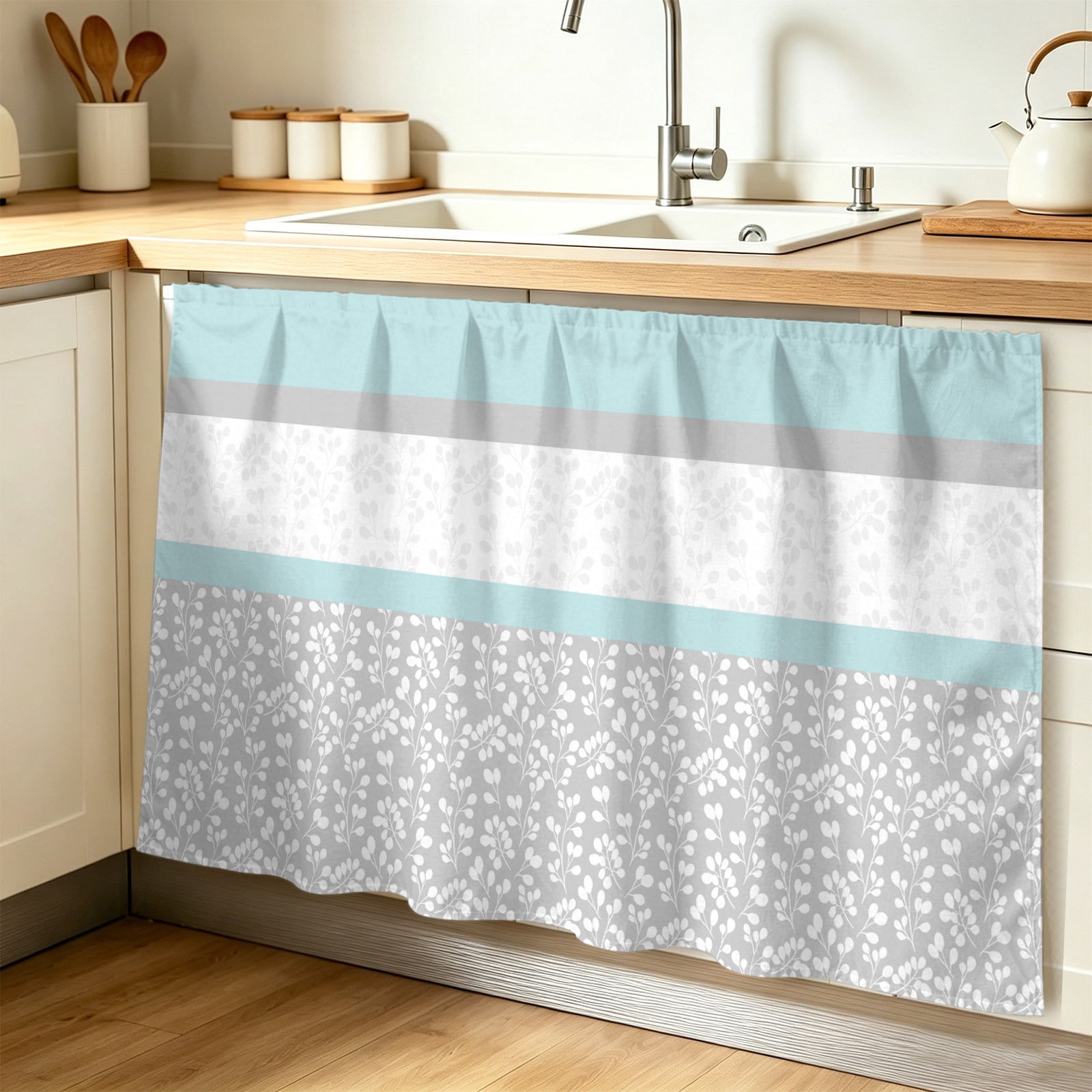 Abstract Aqua Cabinet Curtain, Grey Stripes Floral Plant Modern Vintage ...