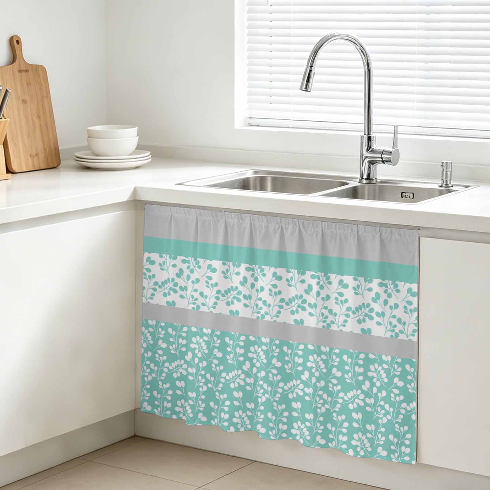 Abstract Aqua Cabinet Curtain, Grey Stripes Floral Plant Vintage Modern ...