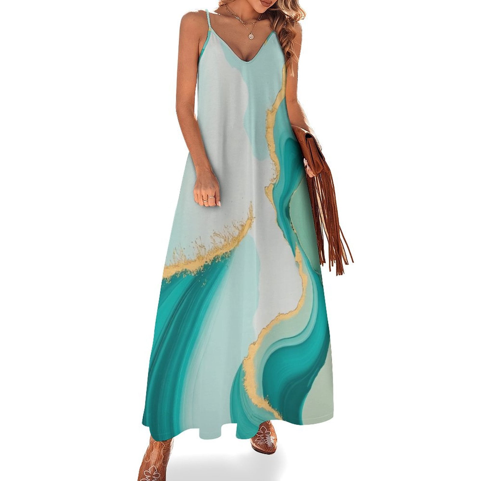Abstract Aqua Gold Marble Art Sleeveless Dress Women's Luxury Party ...