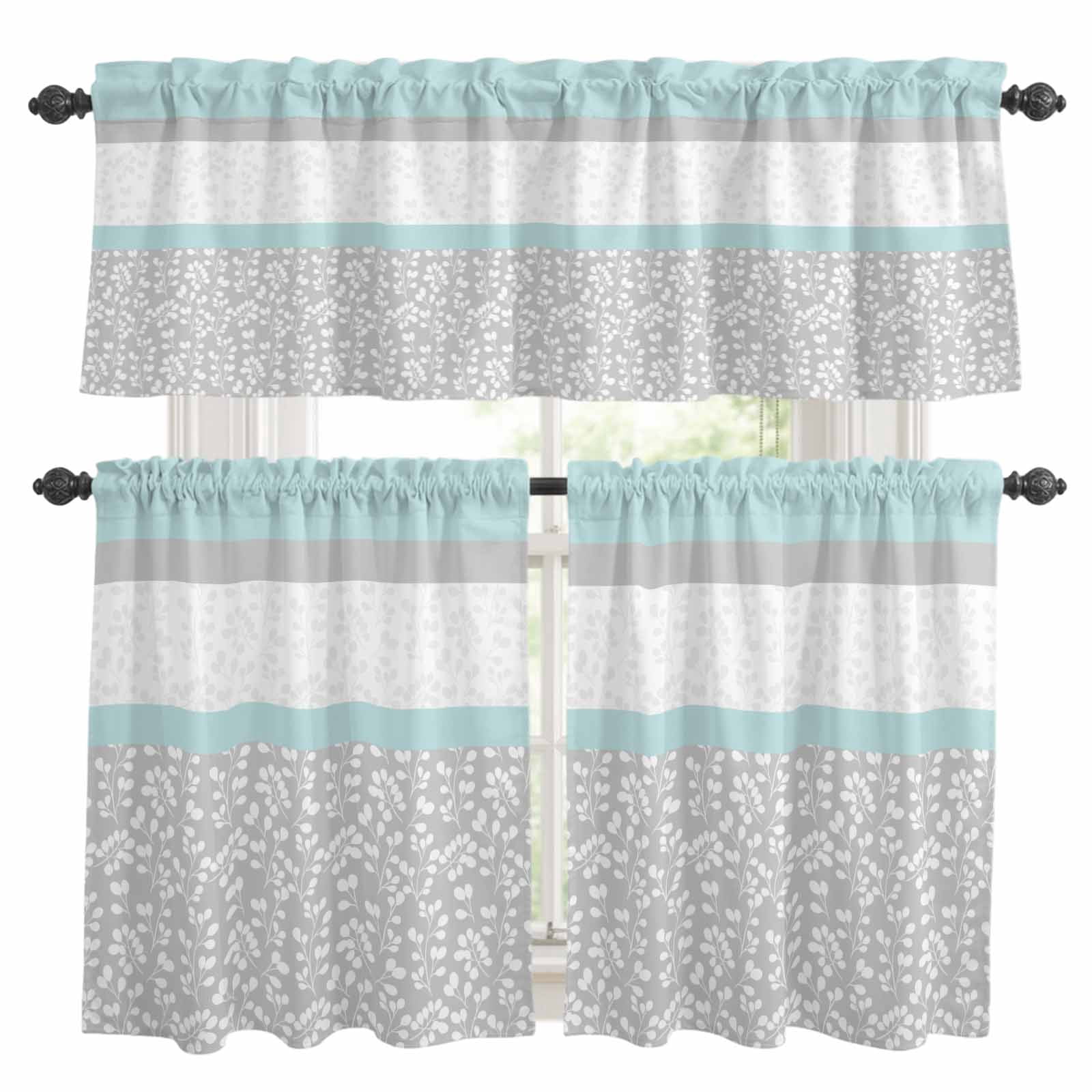 Abstract Aqua Kitchen Curtains Valances and Tiers Set of 3 Grey Stripes ...