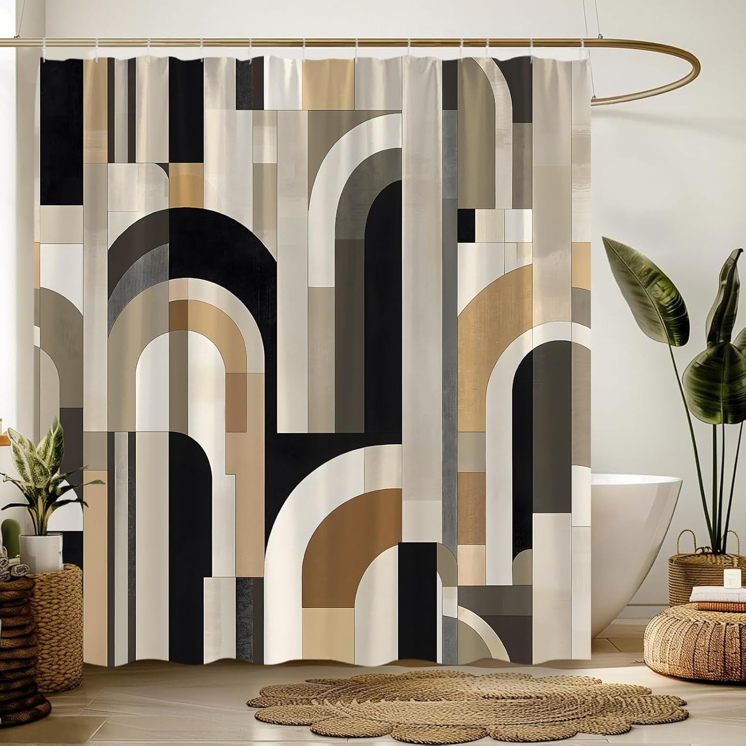 Abstract Arch Lines Shower Curtain Black Grey Brown Geometric Line Mid ...