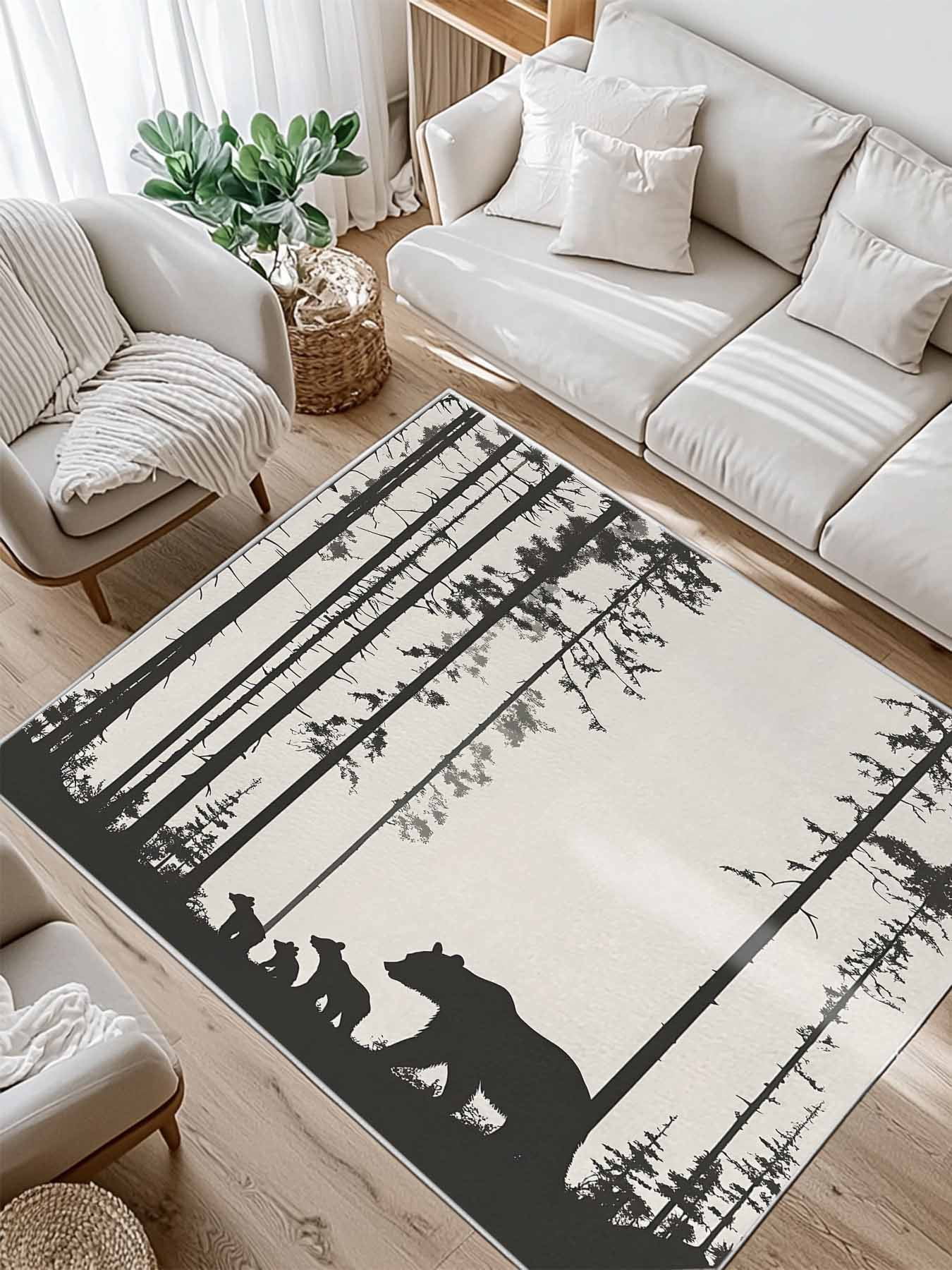 Abstract Area Rug for Bedroom 2.7x5 Ft Bear Family Forest Trees Natural ...