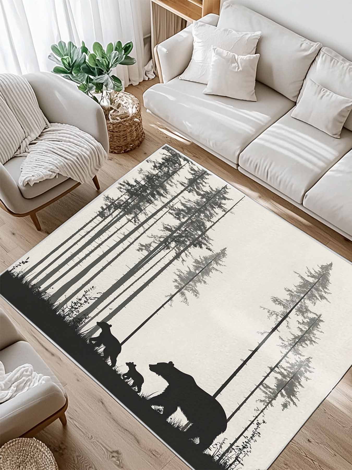 Abstract Area Rug for Bedroom 2.7x5 Ft Forest Walking Bear Family Pine ...