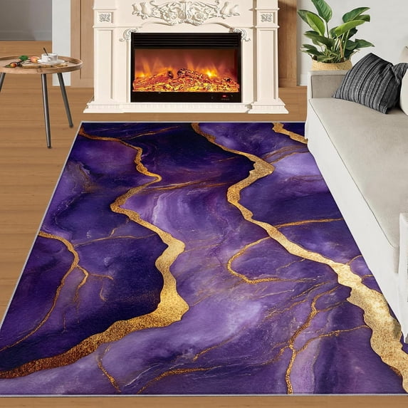 Abstract Area Rug, Purple Marble and Golden Veins Pattern, Machine ...