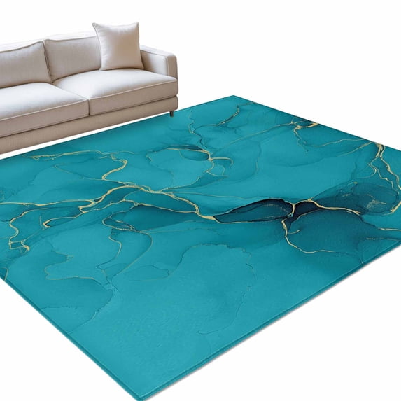 Abstract Area Rug, Turquoise Golden Marble Fluid Lines Non-Slip Felt ...
