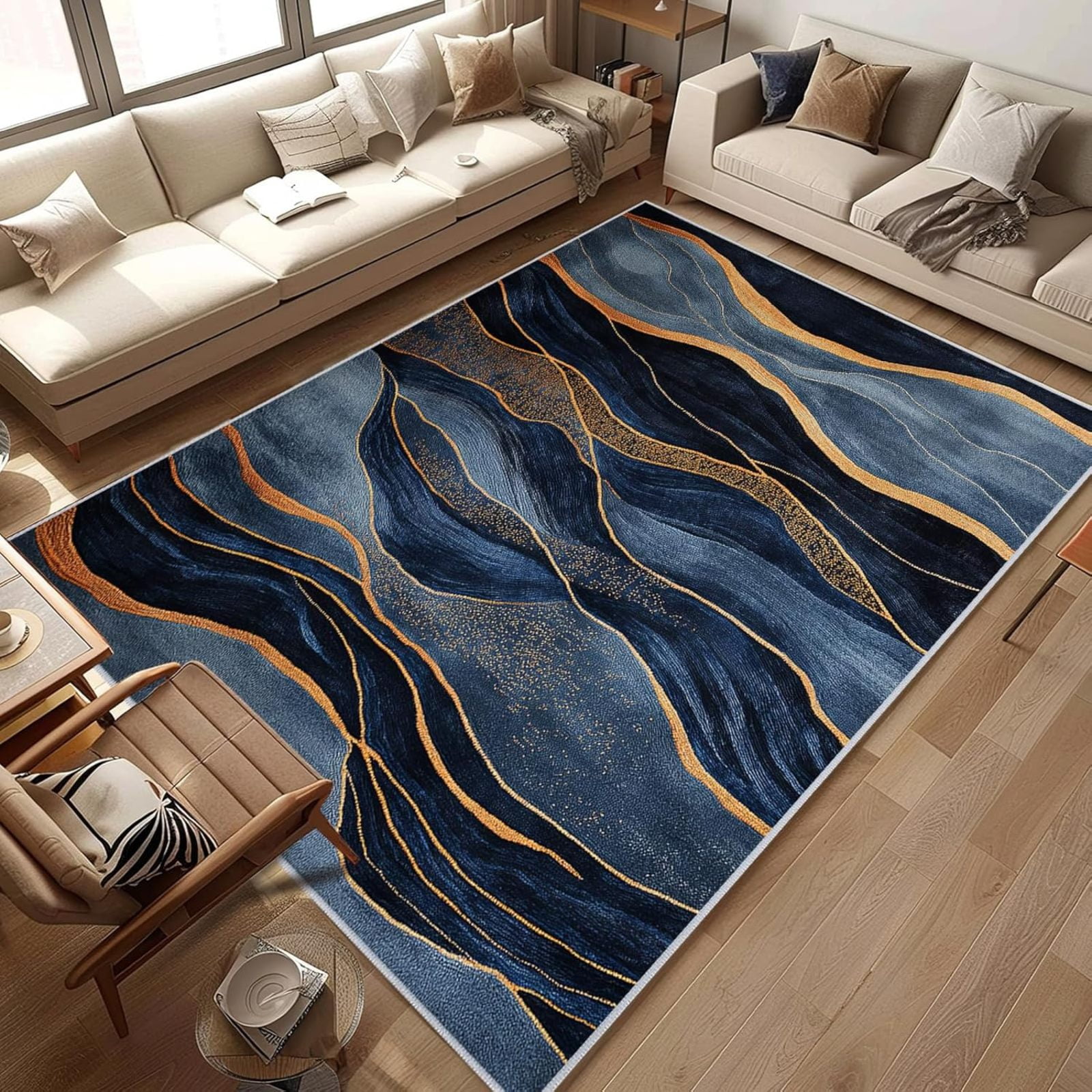 Abstract Area Rug Washable Rugs For Living Room Bedroom Modern Navy ...