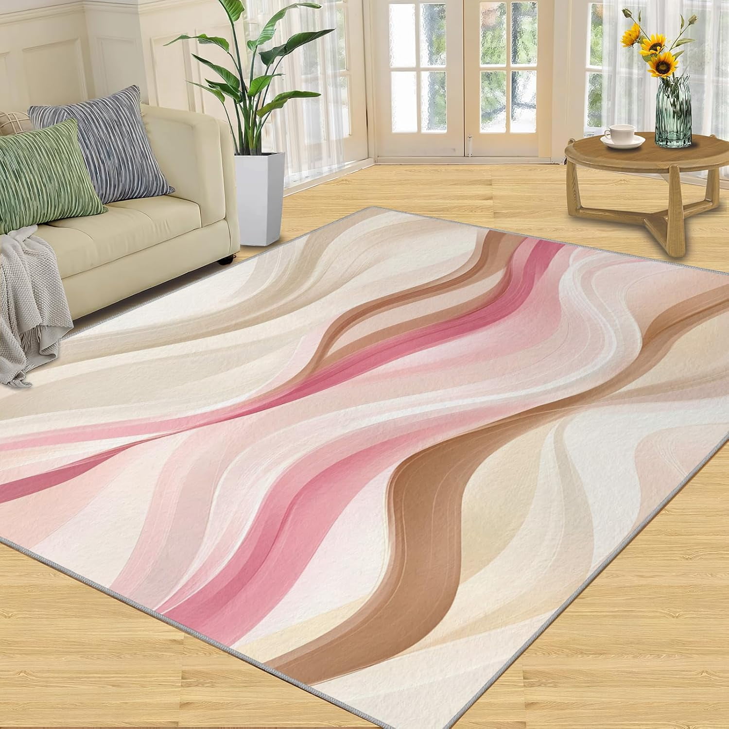 Abstract Area Rug, Wavy Stripes Rugs for Bedroom, Light Pink Washable ...