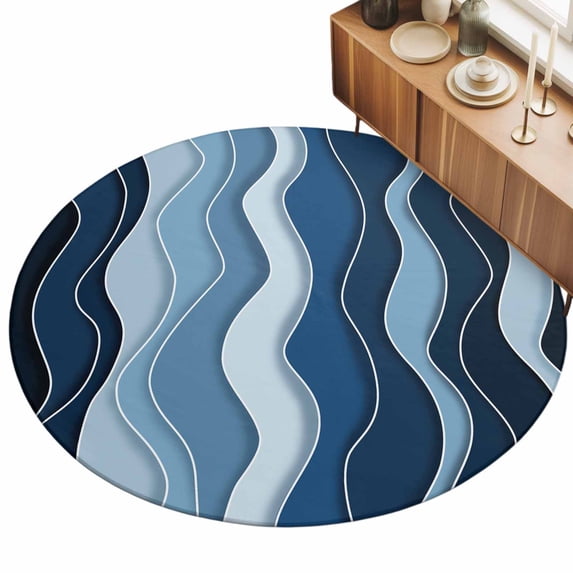 Abstract Area Rugs 3.3' (Round) Blue Gradient Waves Beach Lines Floor ...