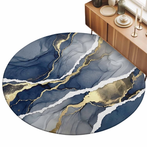 Abstract Area Rugs 3' (Round) Blue Ink Gold Foiling Ocean Waves Luxury ...