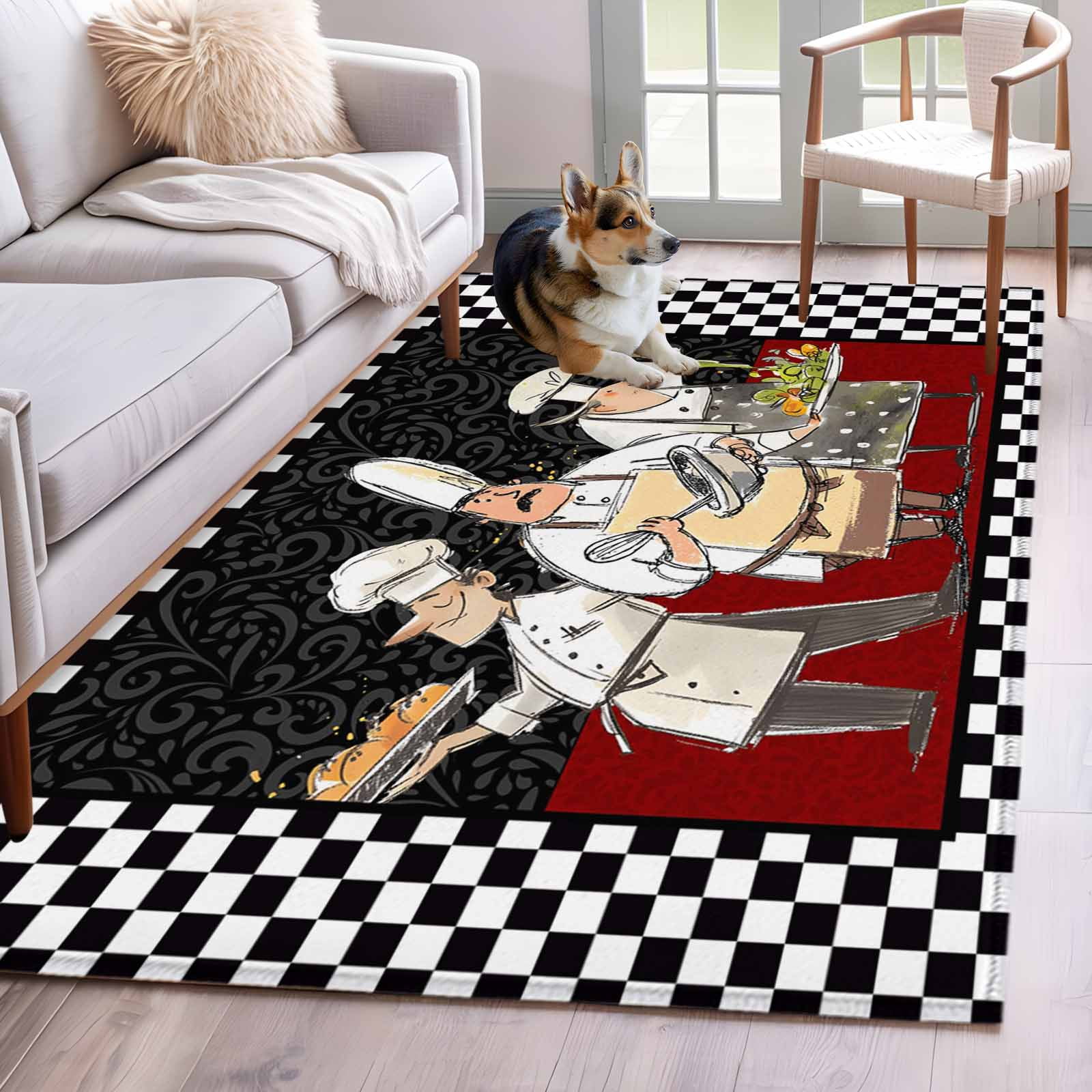 Abstract Area Rugs 3x5 ft Cartoon Style Chef Black and White Checkered ...