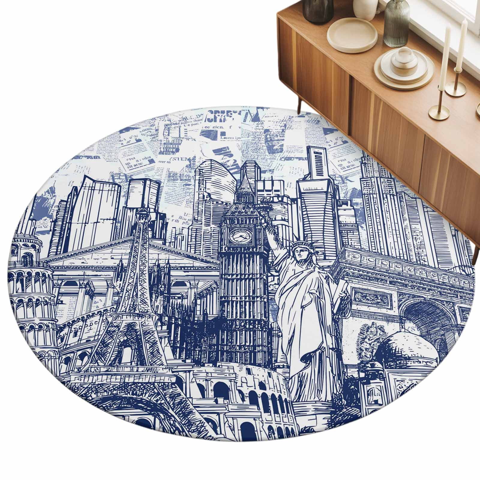 Abstract Area Rugs 5' (Round) White and Navy Blue Global Landmarks ...