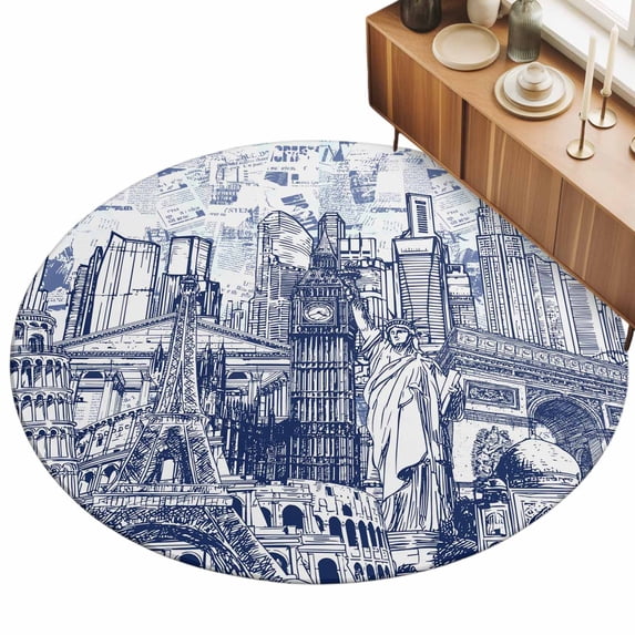 Abstract Area Rugs 5' (Round) White and Navy Blue Global Landmarks ...
