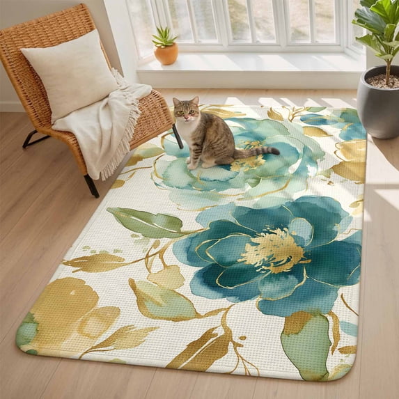Abstract Area Rugs for Living Room 5x6, Green Peony Pattern Petals ...