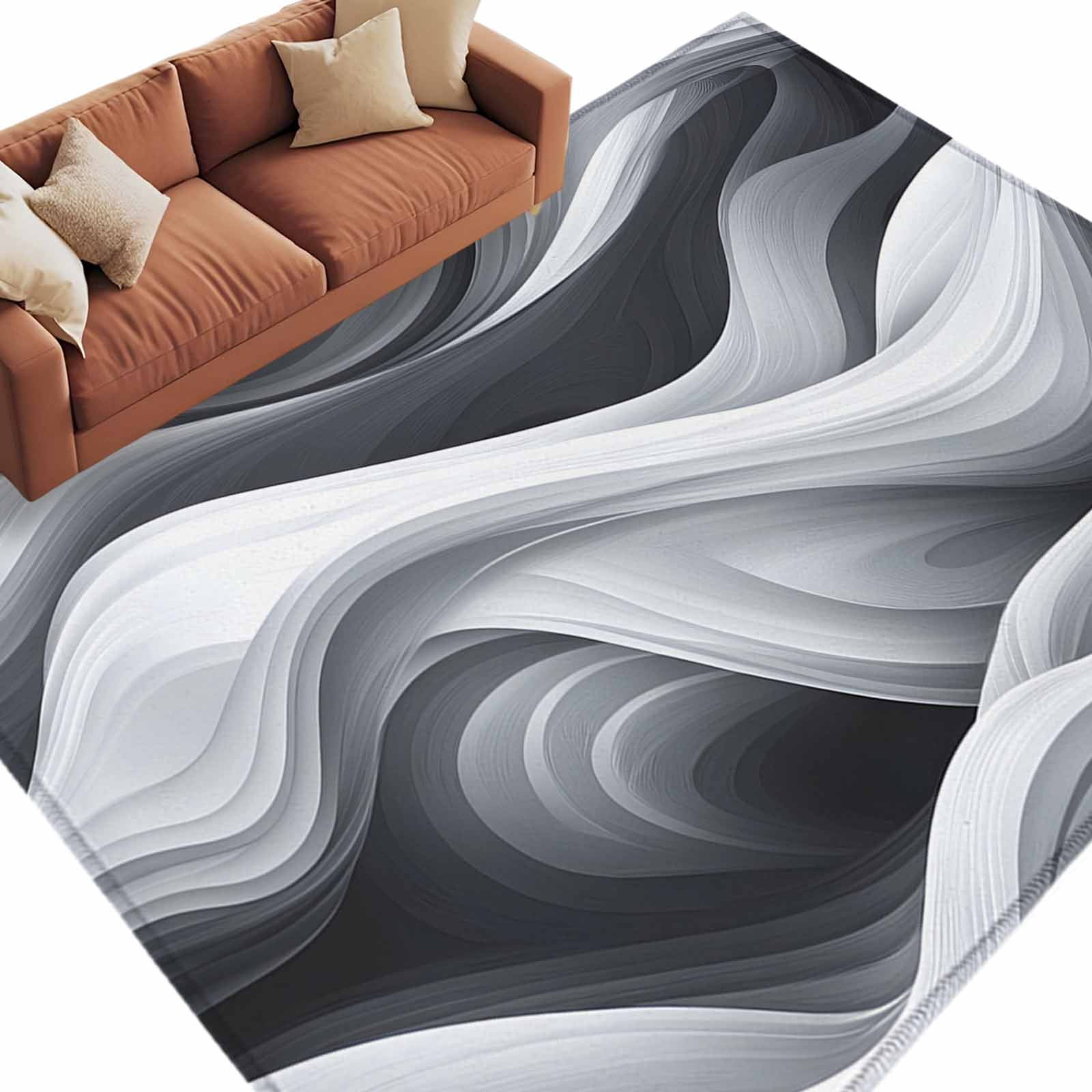 Abstract Area Rug 5x7ft Gray and White Wave Lines Liquid Texture Modern ...