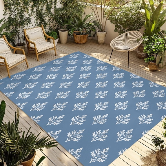 Abstract Argyle Outdoor Rug, Floral Pattern Art Printing Blue Non-Slip ...
