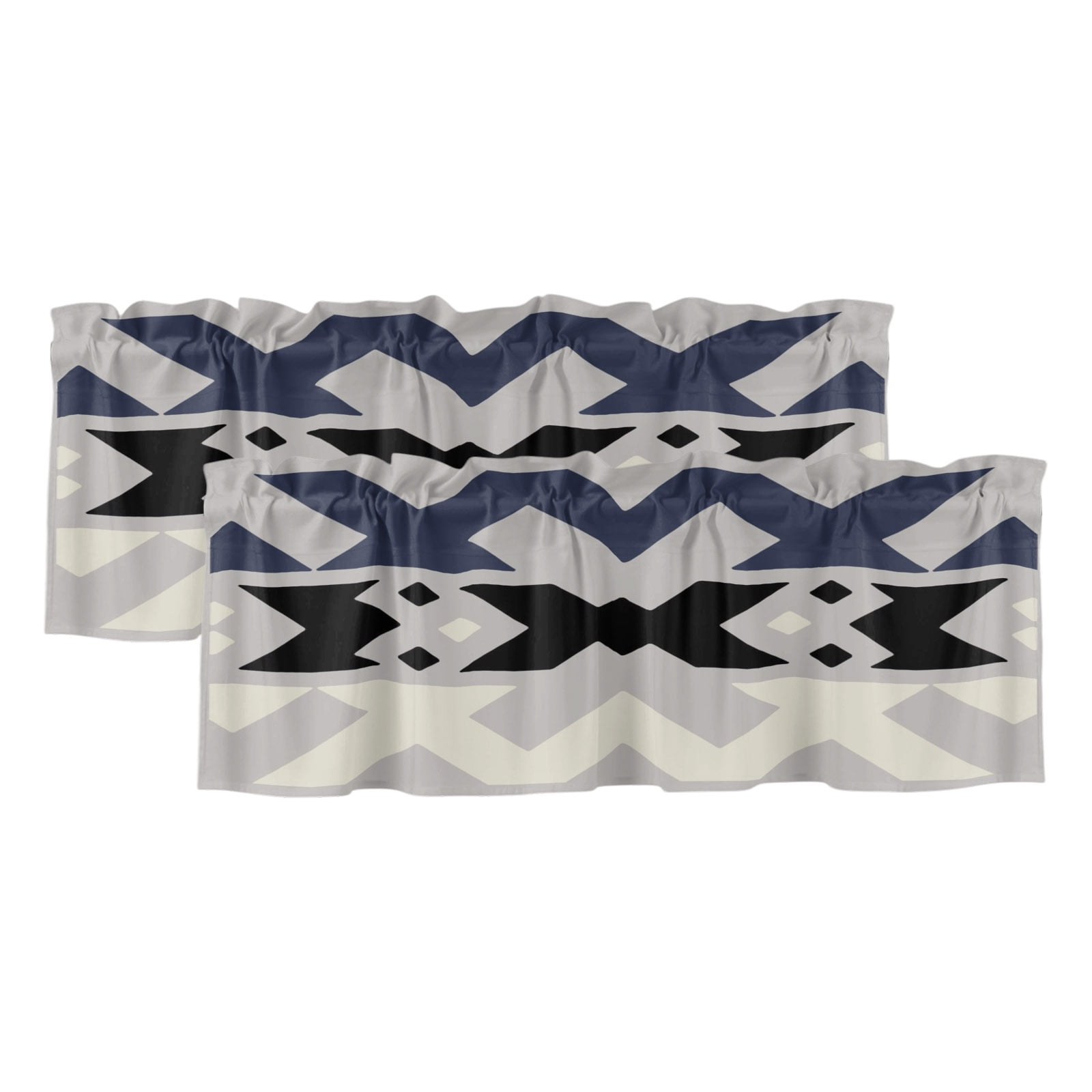 Abstract Art 2 Panels Kitchen Valance, Blue Black Beige Line Simple ...