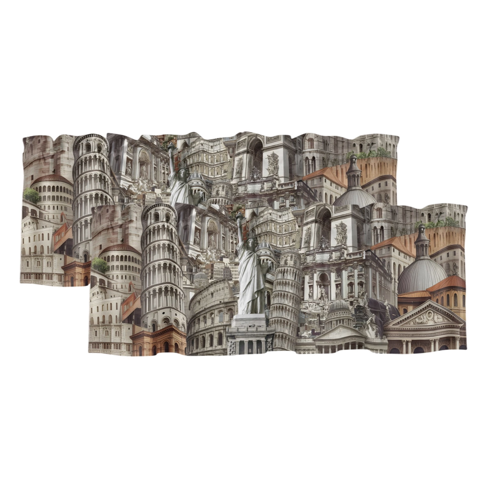 Abstract Art 2 Panels Kitchen Valance, Classical World-famous Buildings ...