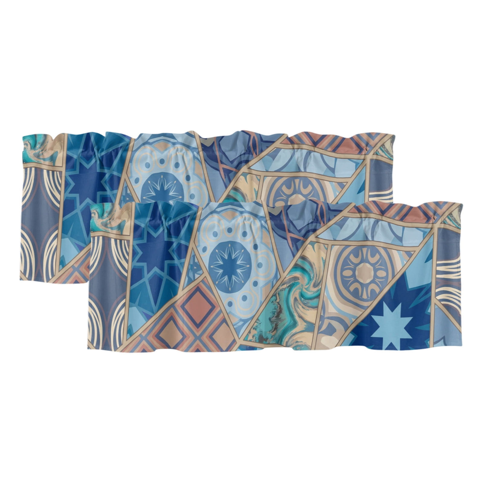Abstract Art 2 Panels Kitchen Valance, Orange Blue Geometric Flower ...