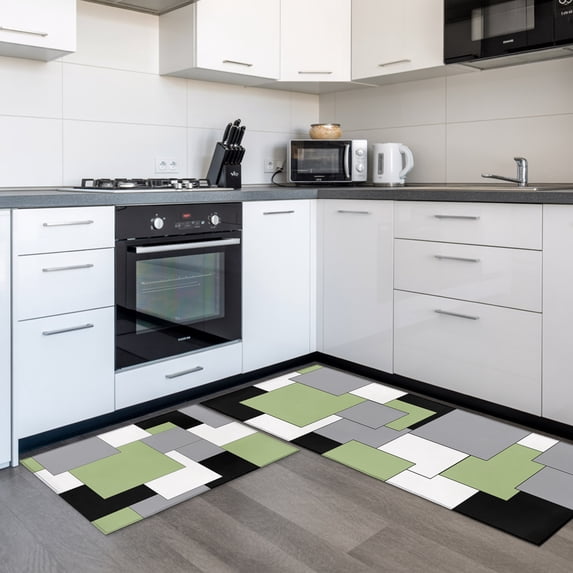 Abstract Art 2 Pieces Non-Slip Kitchen Mat Set, Green Black Gray Splice ...