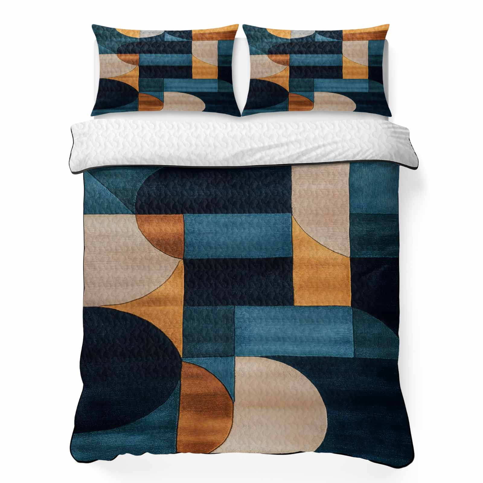 Abstract Art 3 Piece Quilt Bedding Set with 2 Pillow Shams, Brown Blue ...