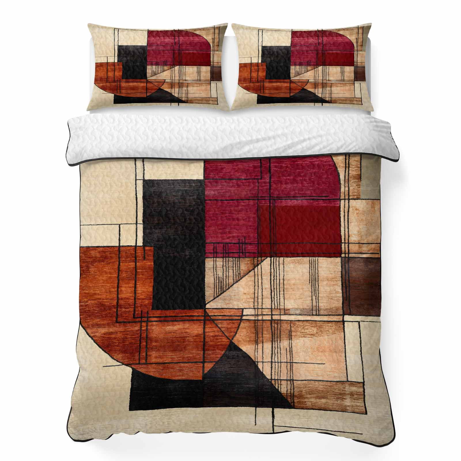 Abstract Art 3 Piece Quilt Bedding Set with 2 Pillow Shams, Brown Red ...