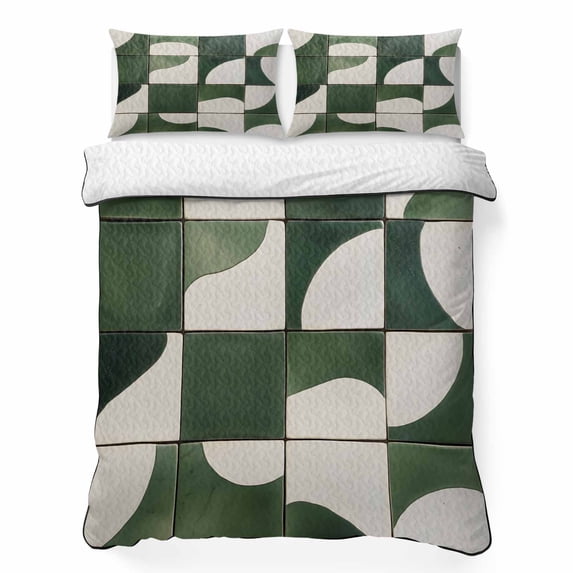 Abstract Art 3 Piece Quilt Bedding Set with 2 Pillow Shams, Retro Green ...