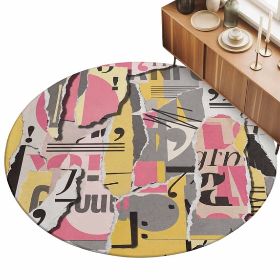 Abstract Art 3ft Non Slip Round Area Rug Pink and Yellow Collage Art ...
