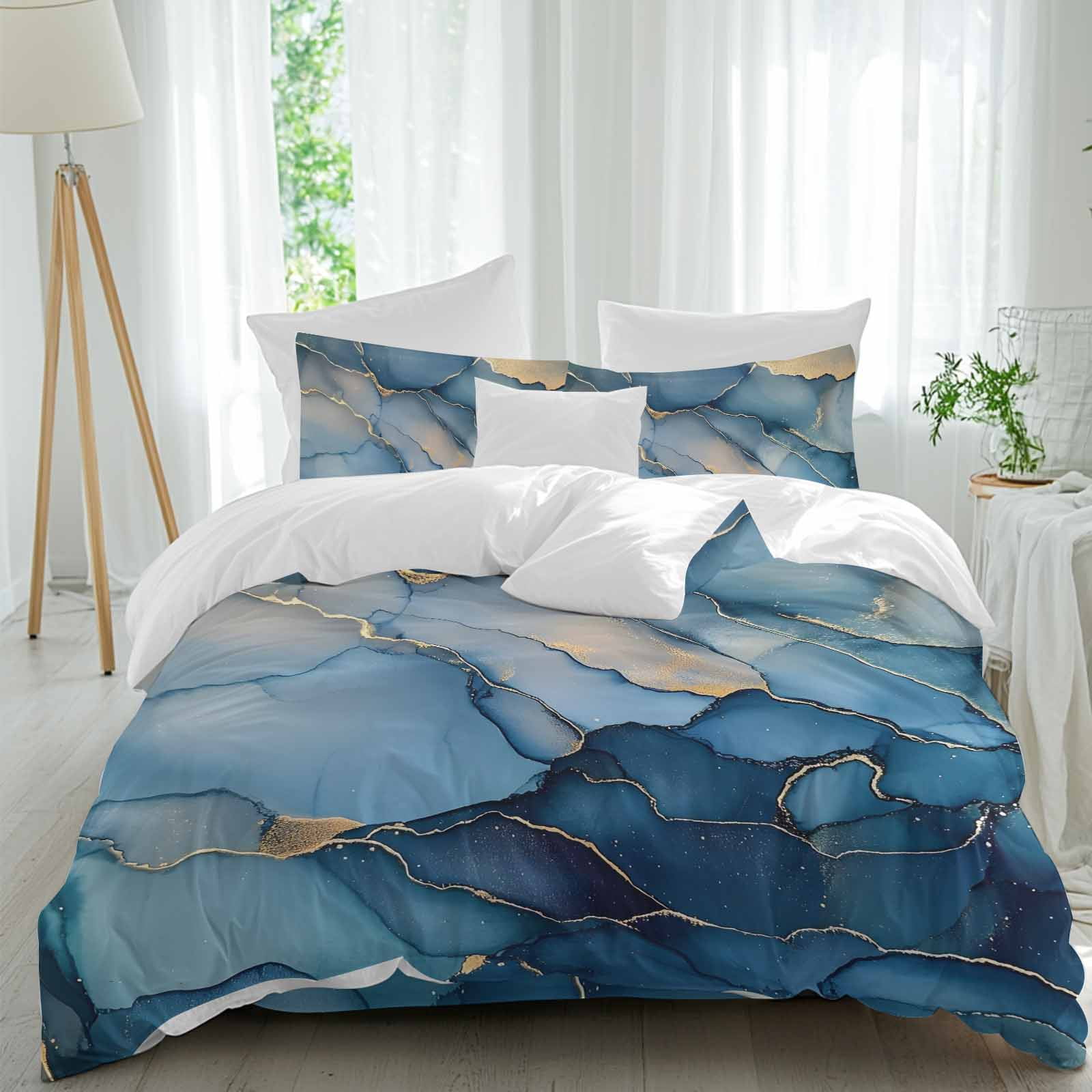 Abstract Art 4 Piece Duvet Cover Set Full Size Navy Blue Marble Stone ...