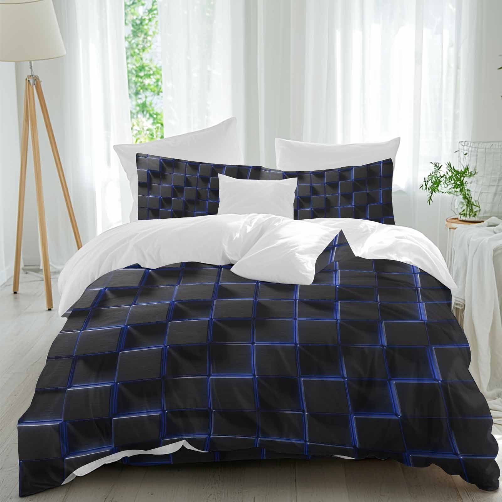 Abstract Art 4 Piece Duvet Cover Set Queen Size Black Blue Cubes Modern ...