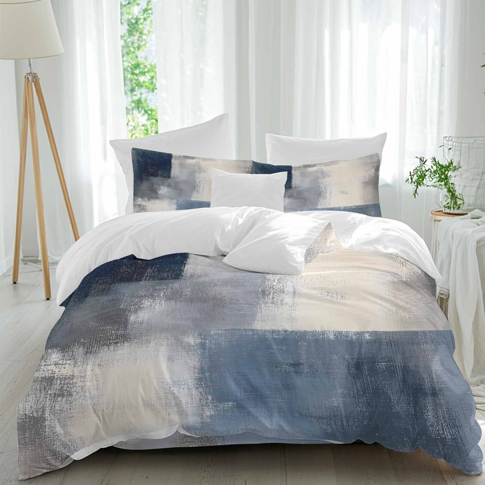 Abstract Art 4 Piece Duvet Cover Set Queen Size Gray Blue Color Block ...