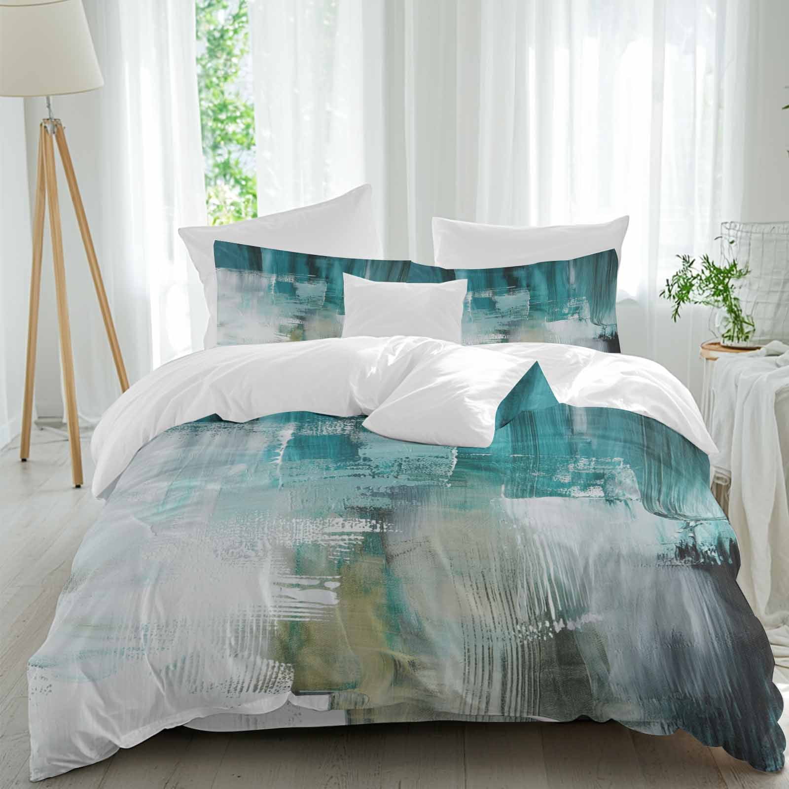 Abstract Art 4 Piece Duvet Cover Set Queen Size Turquoise White Paint ...