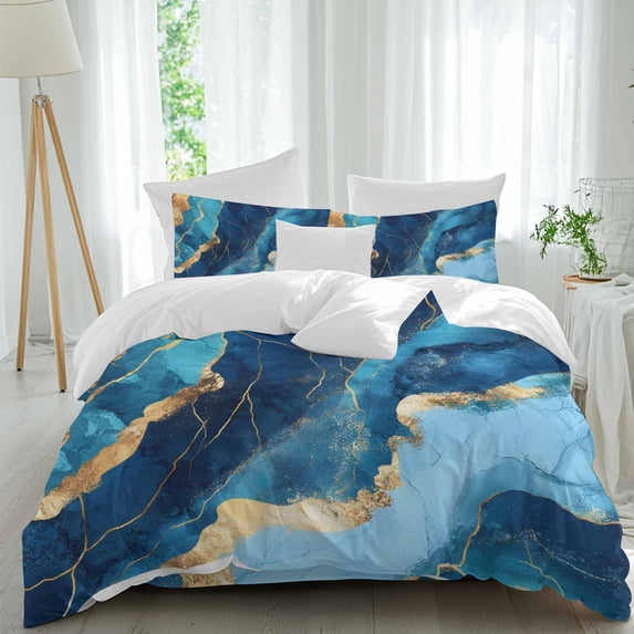 Abstract Art 4 Piece Duvet Cover Set Queen Size Water Ripple Gold Blue ...